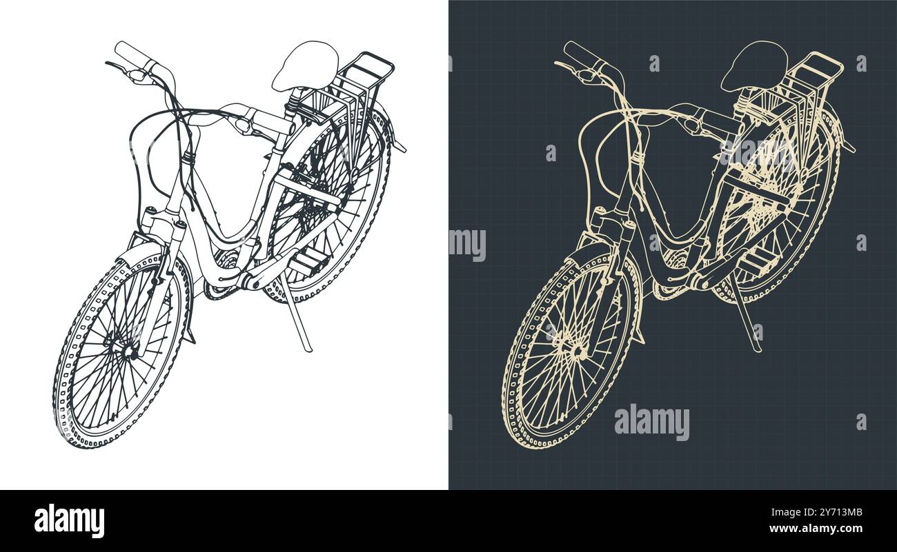 Stylized vector illustrations of isometric blueprints of a city bike ...