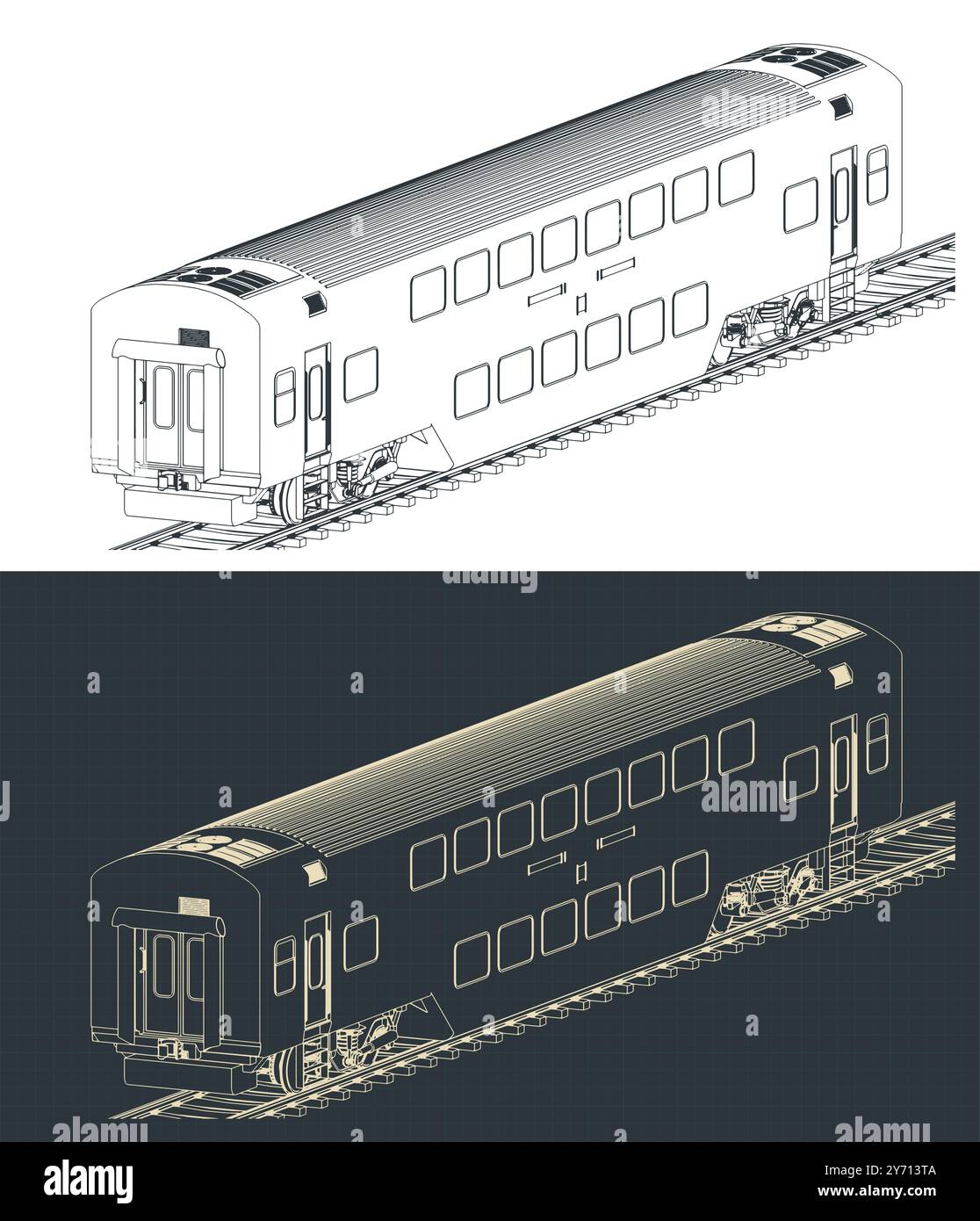 Stylized vector illustrations of isometric blueprints of a double deck ...