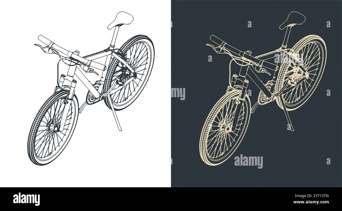 Stylized vector illustrations of isometric blueprints of a city bike ...