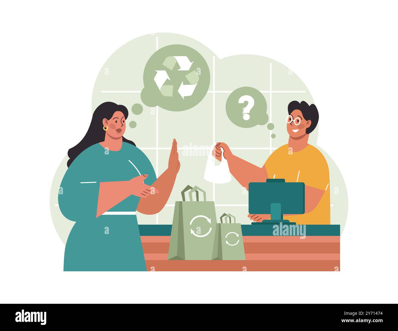 Conscious consumption. Character with eco-friendly life-style ...