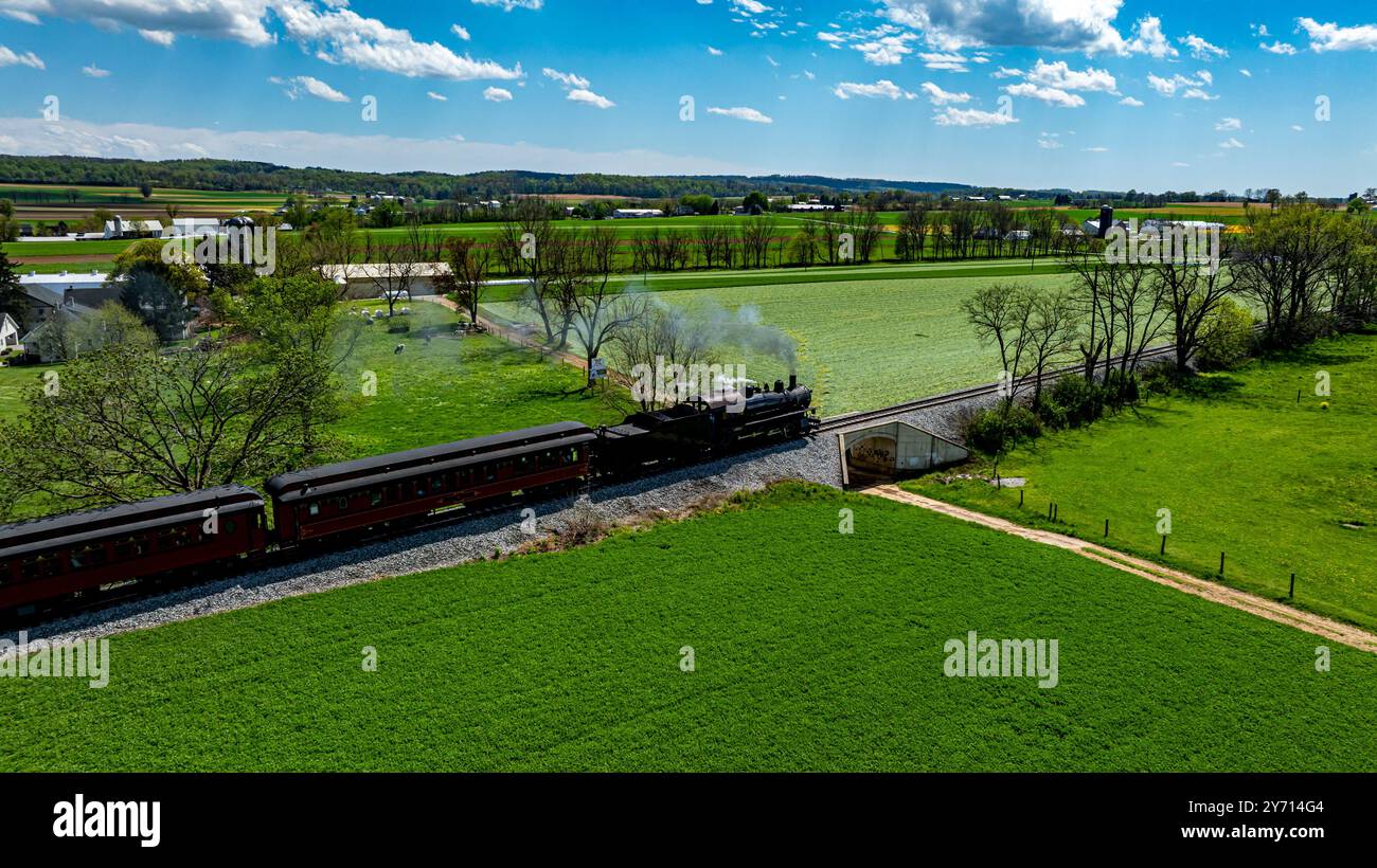 A steam locomotive moves along tracks bordered by vibrant green fields ...