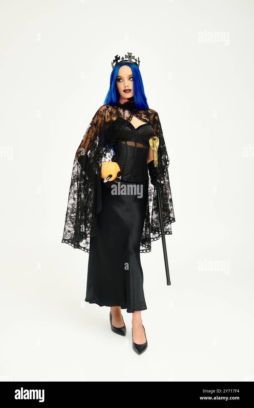 Dressed in a stunning black gown, a woman embodies gothic elegance with ...