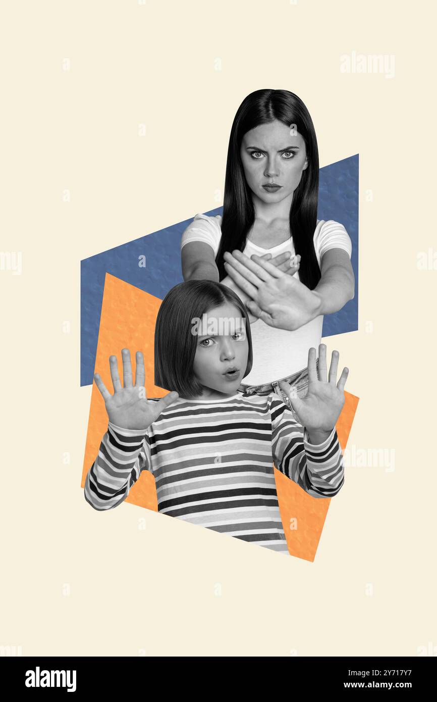 Vertical photo collage of angry small daughter girl mother show stop ...