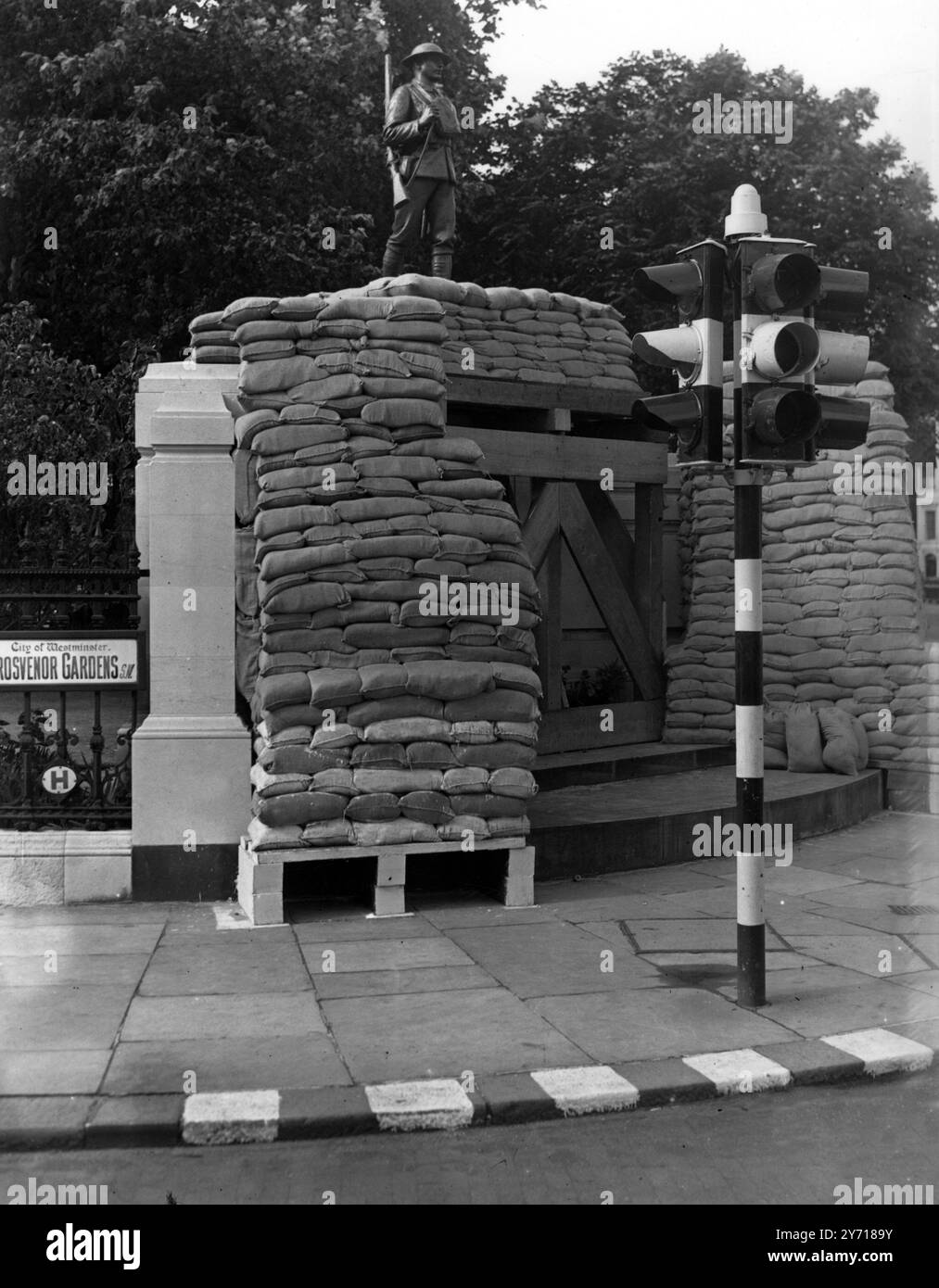 War Crisis, 1939 Air Raid precautions The sandbagged War Memorial in ...