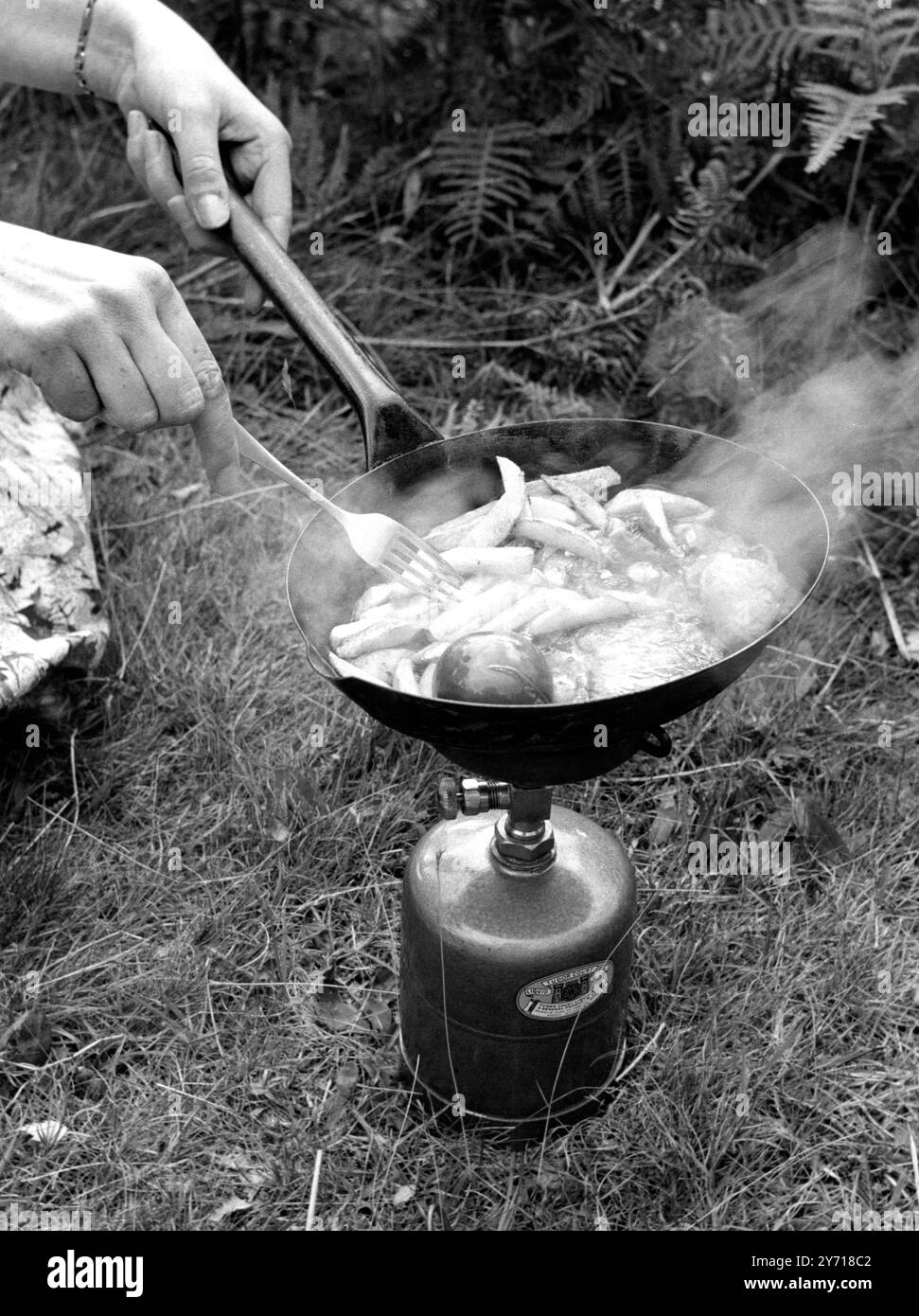 Cooking on a camping calor gas stove 1955 Stock Photo - Alamy