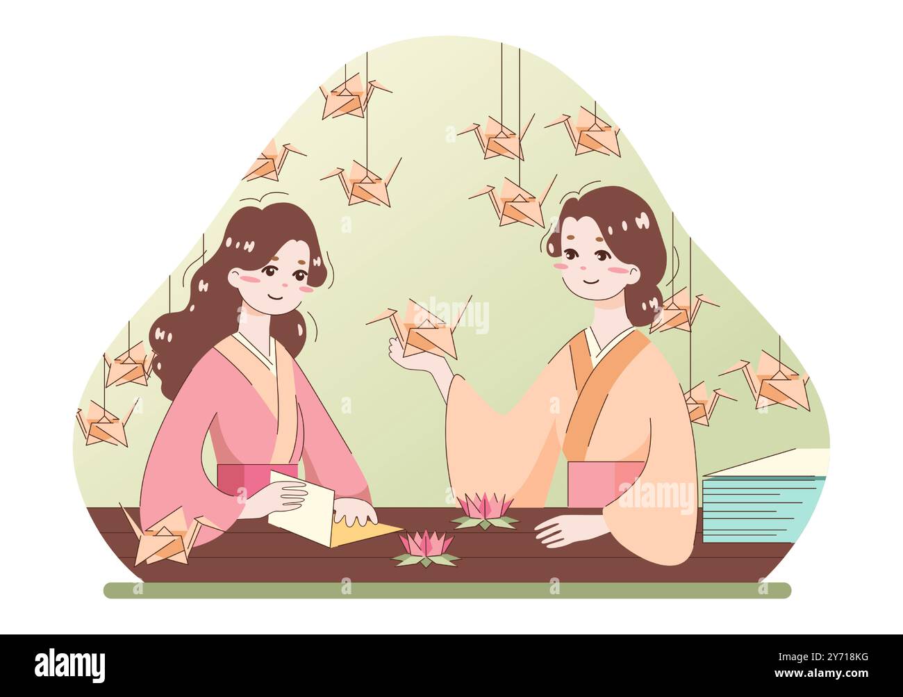 Asian women making origami cranes. Japanese art of paper folding ...