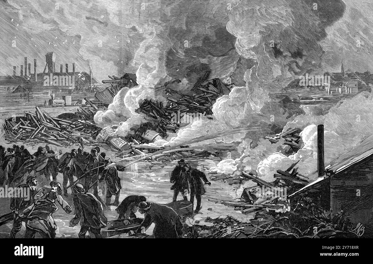 Burning ruins above the Pennsylvania Railroad Bridge , Johnstown The ...