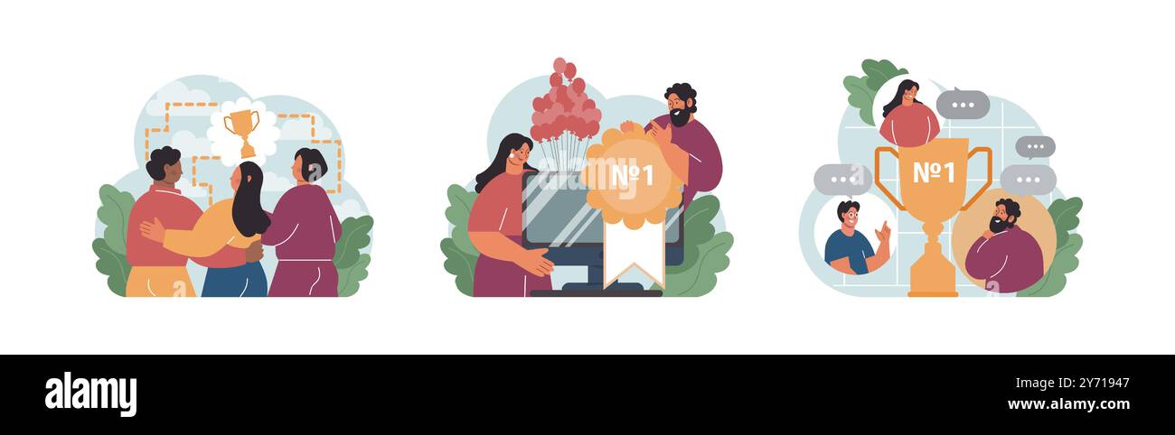 Group of people celebrating an overall victory set. Teamwork or friends ...