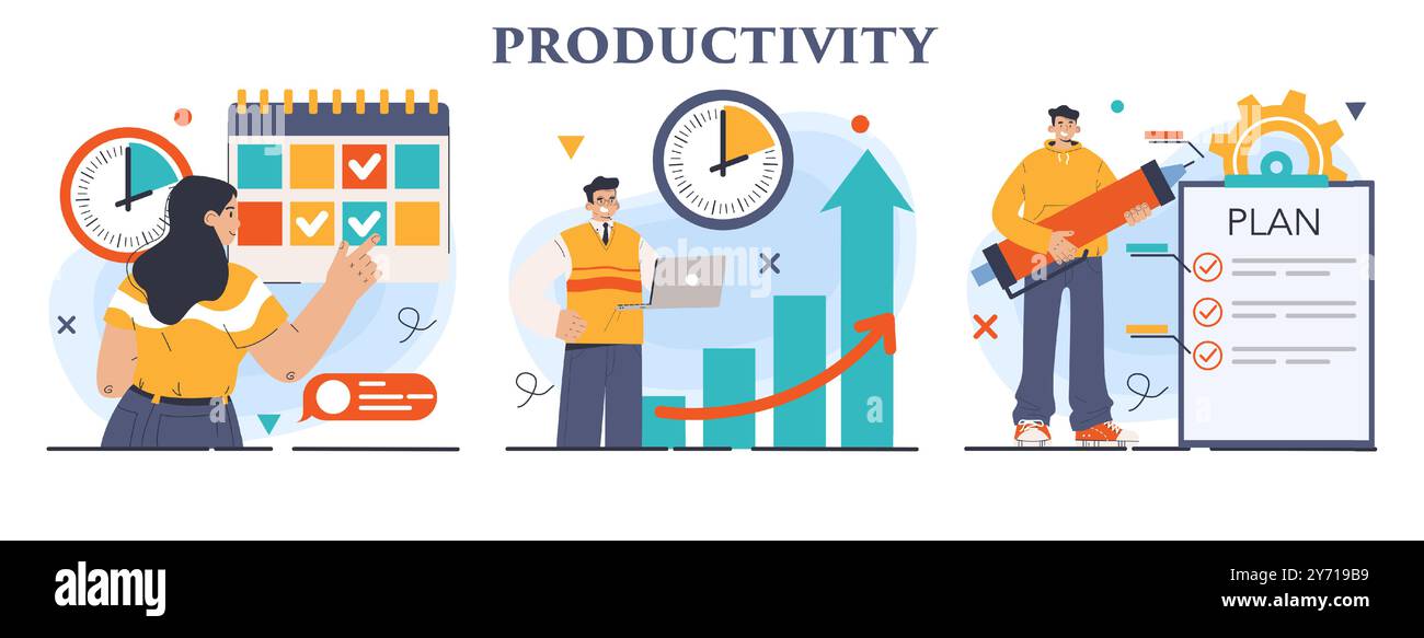 Productivity concept set. Character worktime optimization. Employee job ...