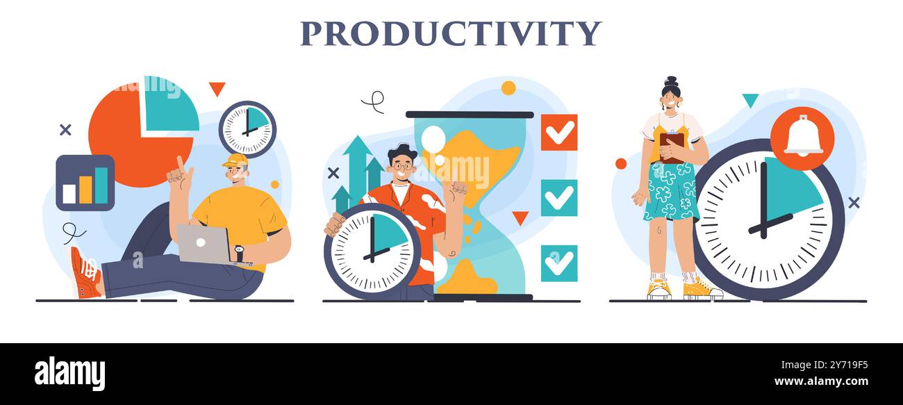 Productivity concept set. Character worktime optimization. Employee job ...