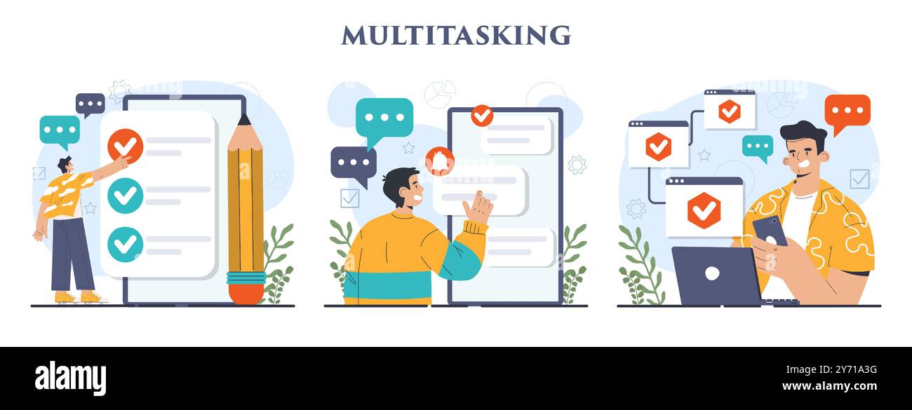 Multitasking concept set. Effective and competent office worker managing several tasks at once ...