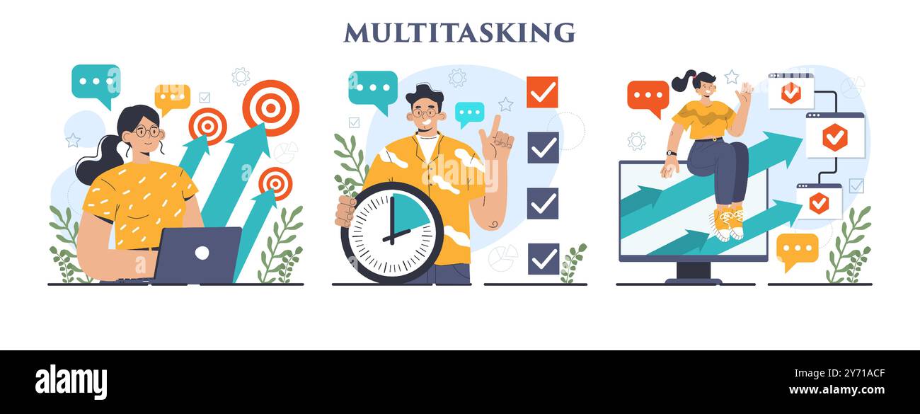 Multitasking concept set. Effective and competent office worker ...