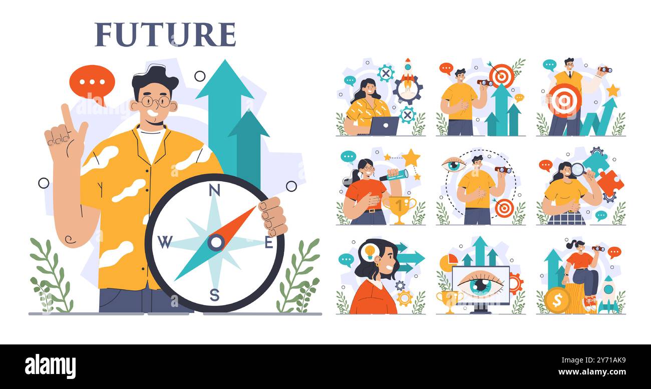 Future concept set. Character searching for future opportunities ...