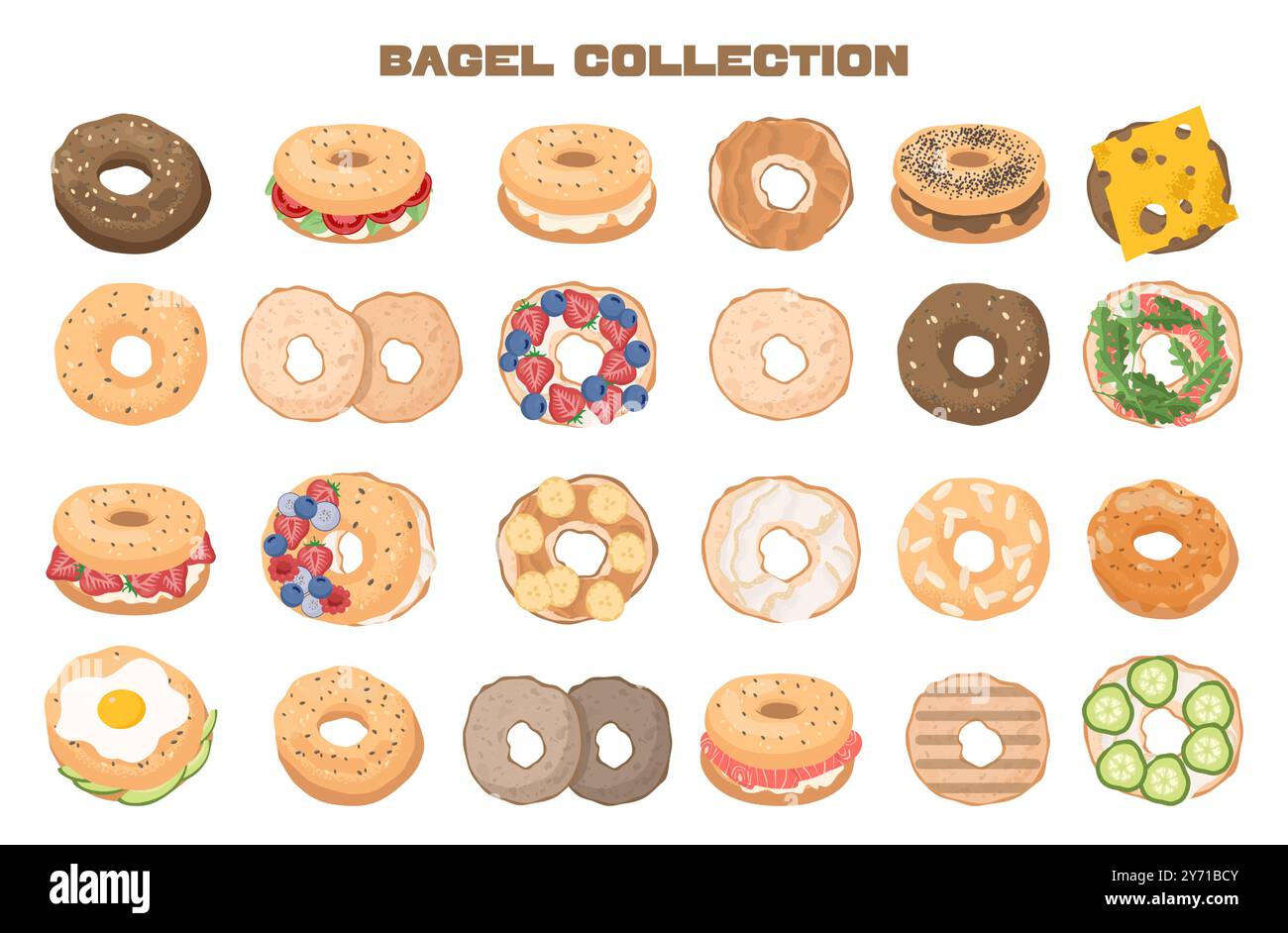 Bagel set. Baked donut sandwich or dessert recipe. Fresh bakery product ...