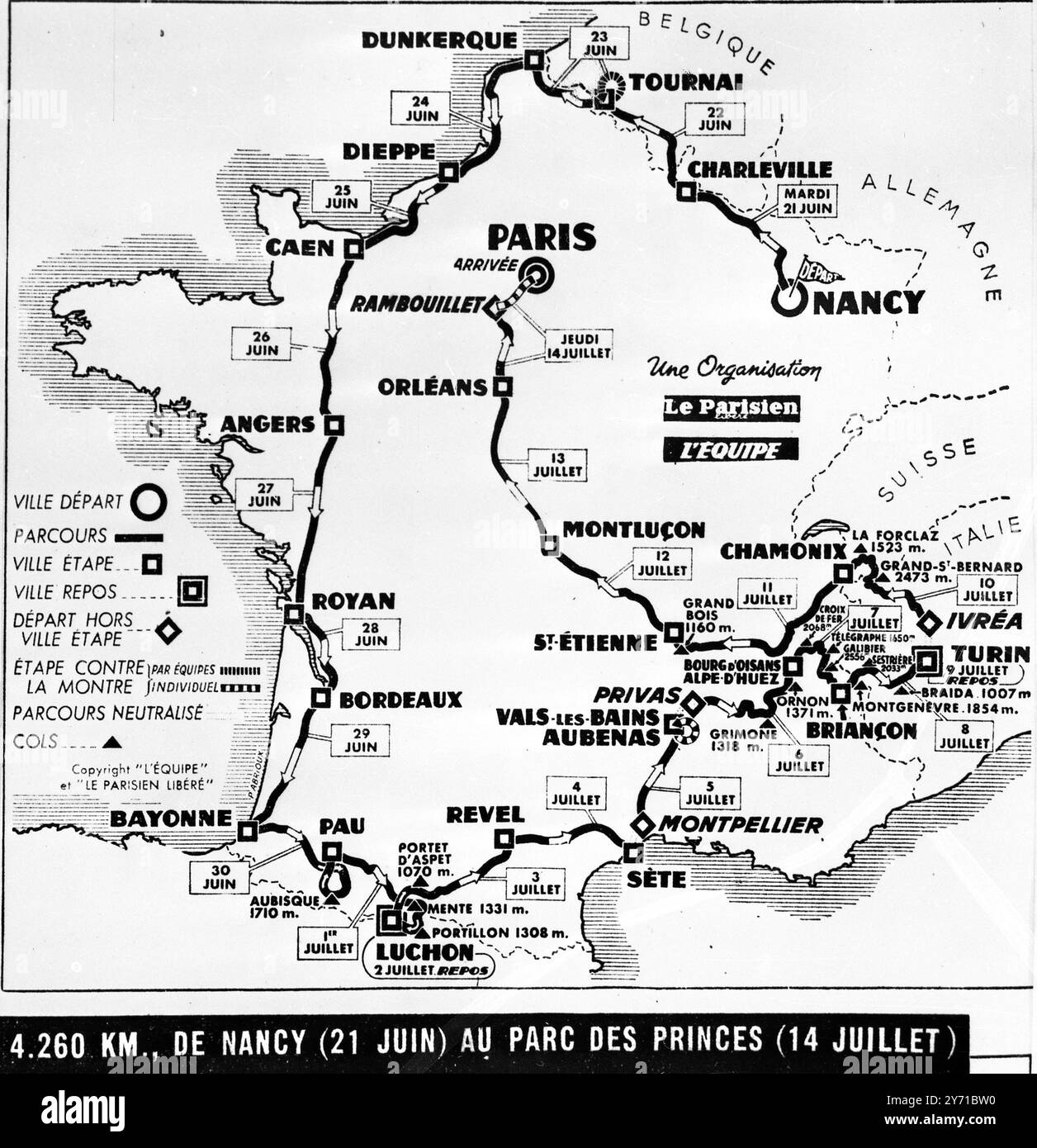 Map showing the itinerary of the Tour de France race , organised by the ...