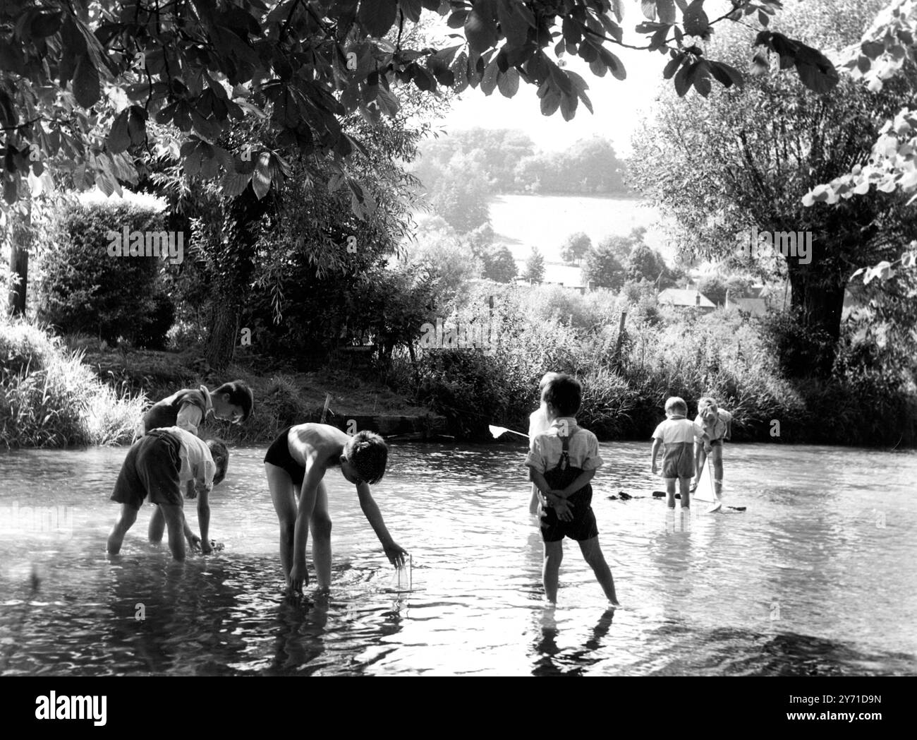 Children paddling in the Medway in Shoreham, Kent. 11 September 1952 ...
