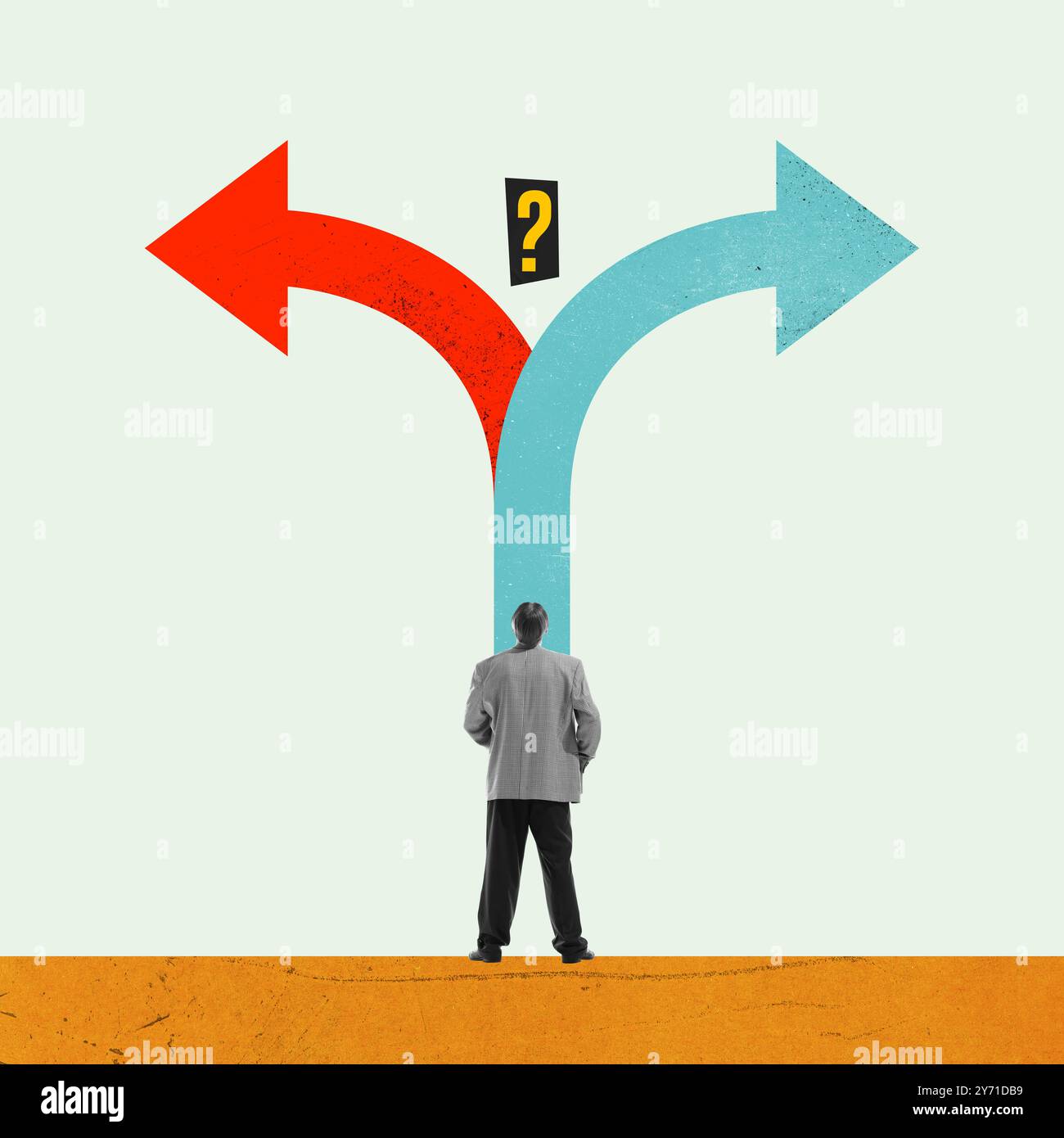 Man standing at crossroads, facing two diverging paths with question ...