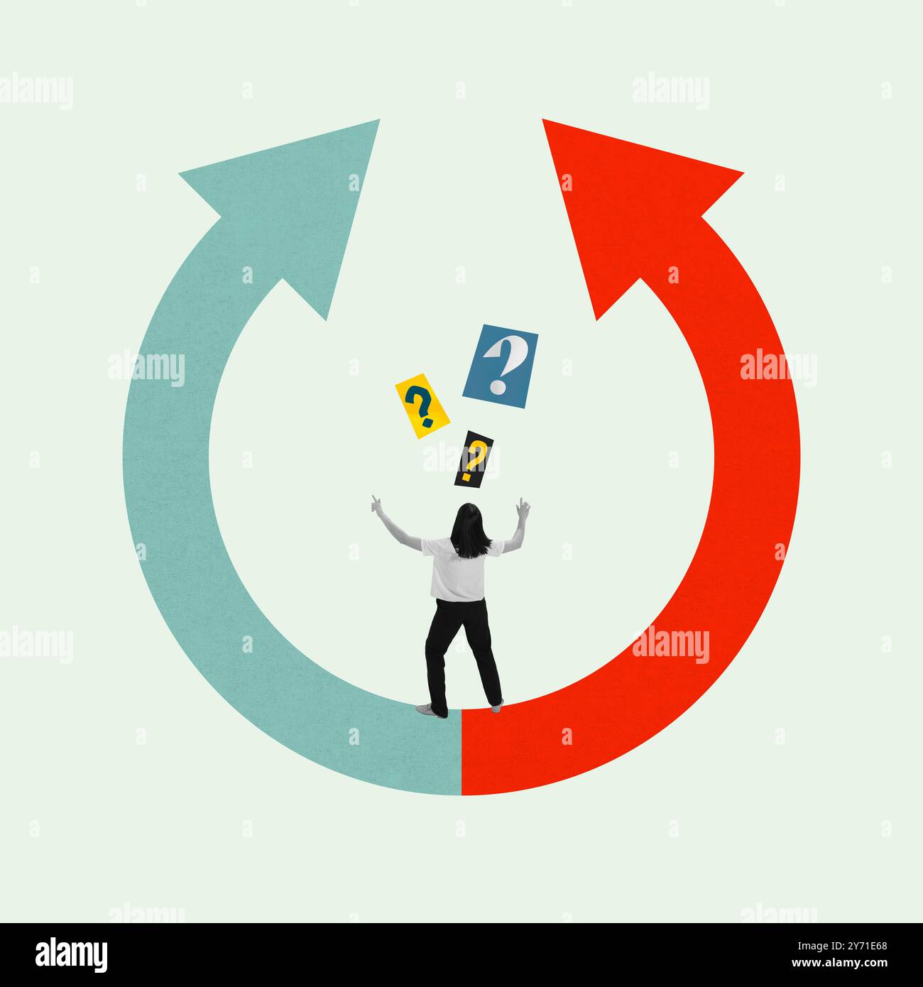 Woman standing on multicolored arrows directing different ways with ...