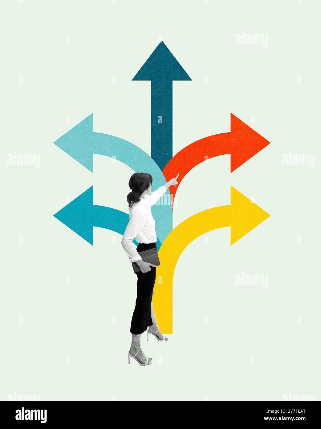 Woman points confidently at one of many diverging arrows, representing ...