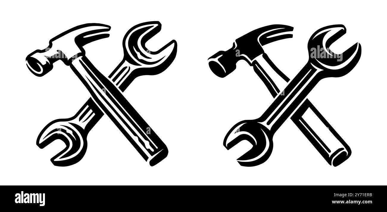 Hammer and wrench icon. Repair tools crossed symbol. Construction work ...