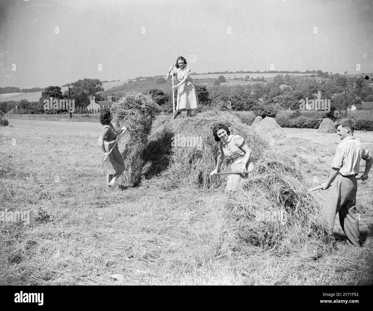 Girls haymaking with a boy c. 1940 Stock Photo - Alamy