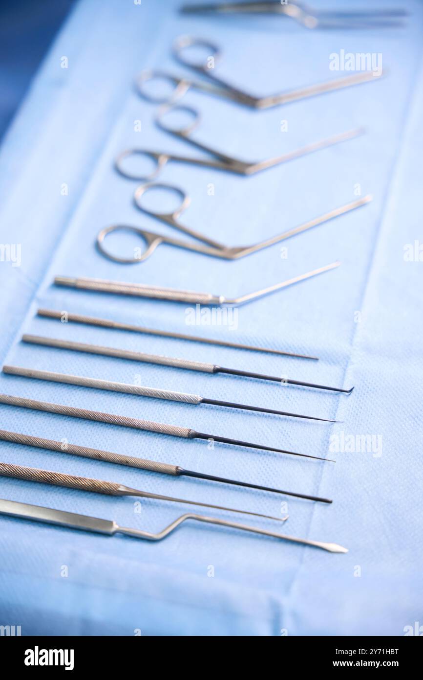 Surgical set of instruments is laid out on instrument table Stock Photo ...
