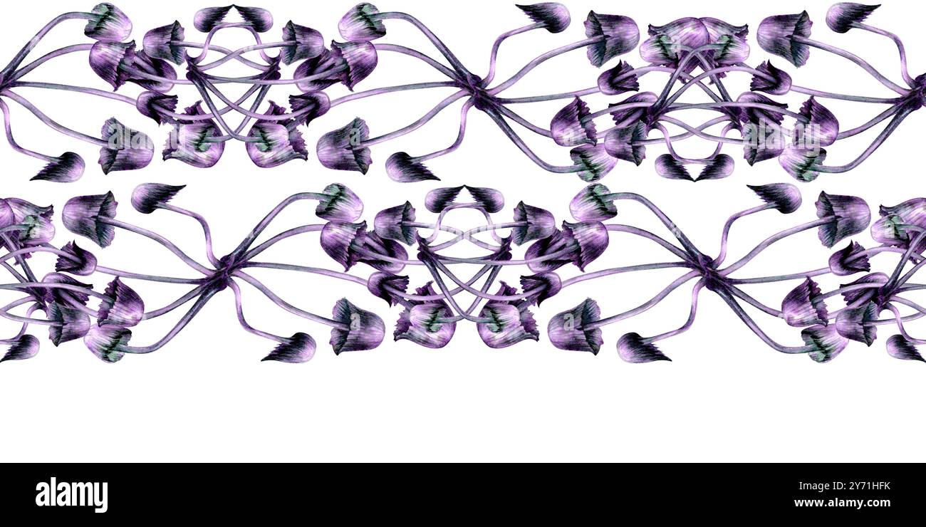 Seamless horizontal border with poisonous purple toadstools. Watercolor ...