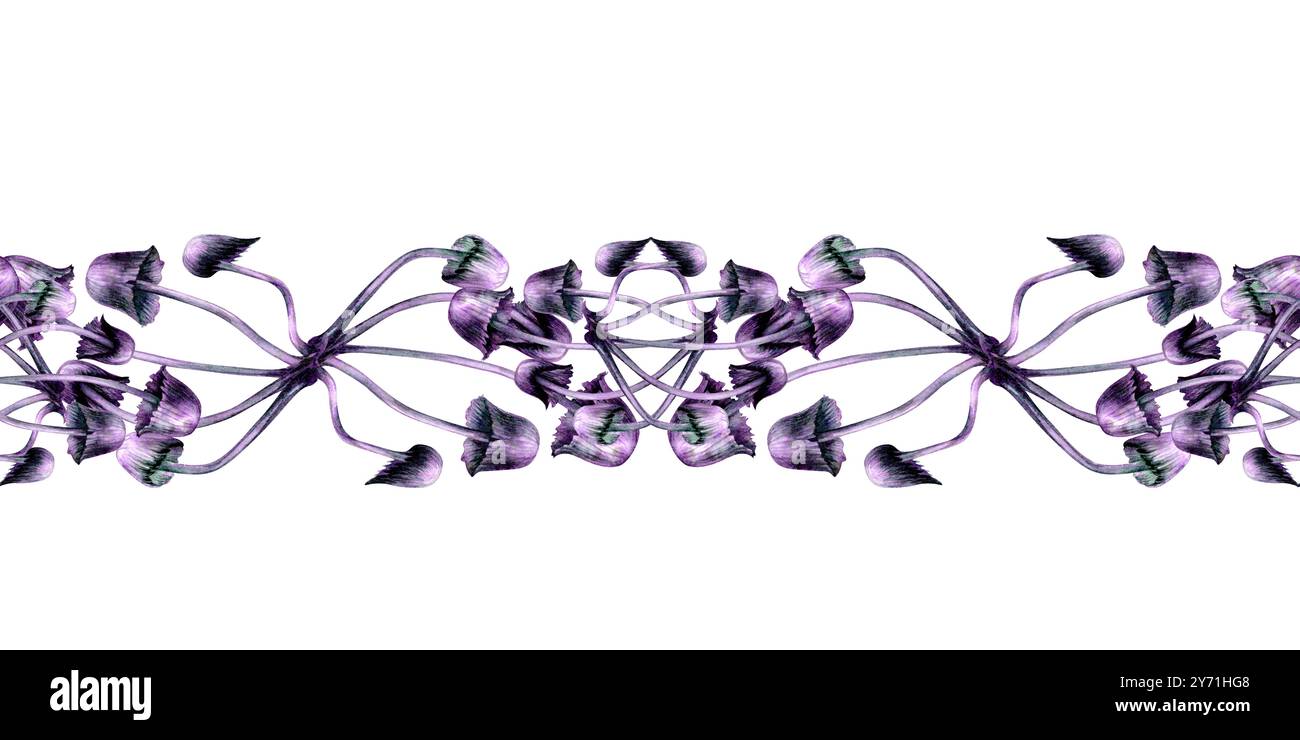 Seamless horizontal border with poisonous purple toadstools. Watercolor ...