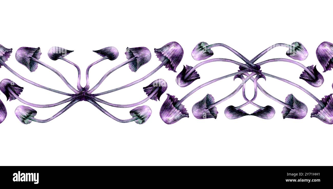 Seamless horizontal border with poisonous purple toadstools. Watercolor ...