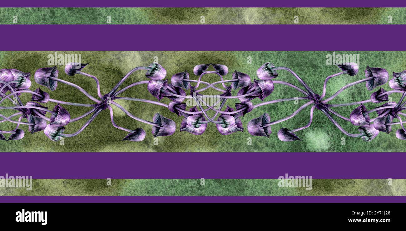 Seamless horizontal border with poisonous purple toadstools on green ...
