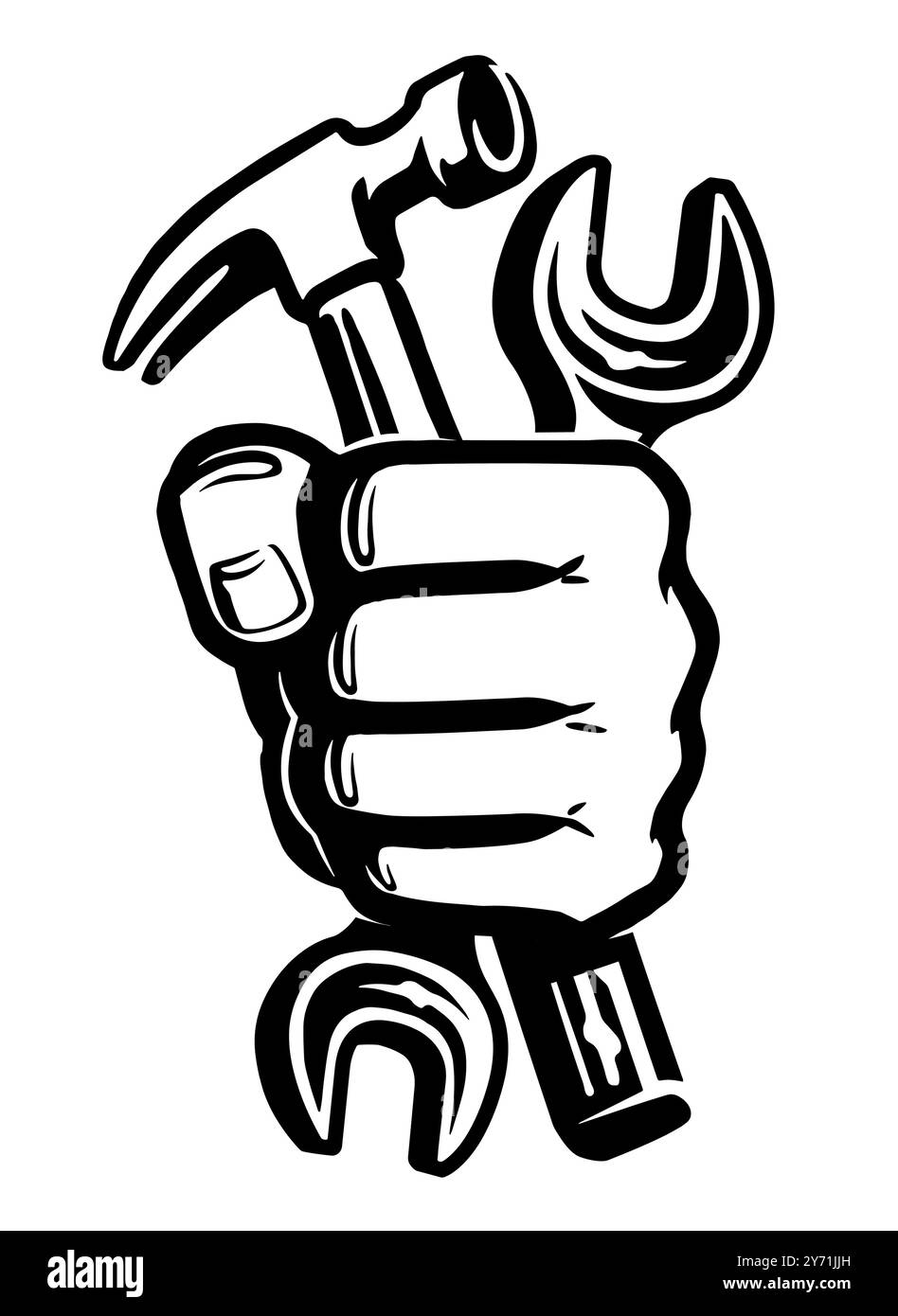 Tools in fist. Hand holding wrench and hammer. Construction work ...