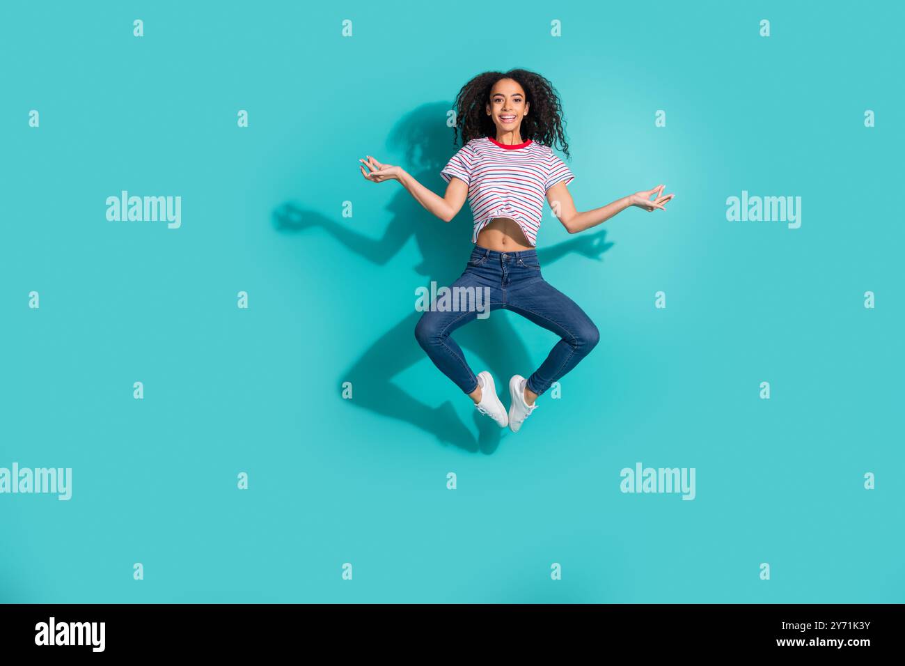 Full size photo of pretty young girl jump flying levitate wear trendy ...