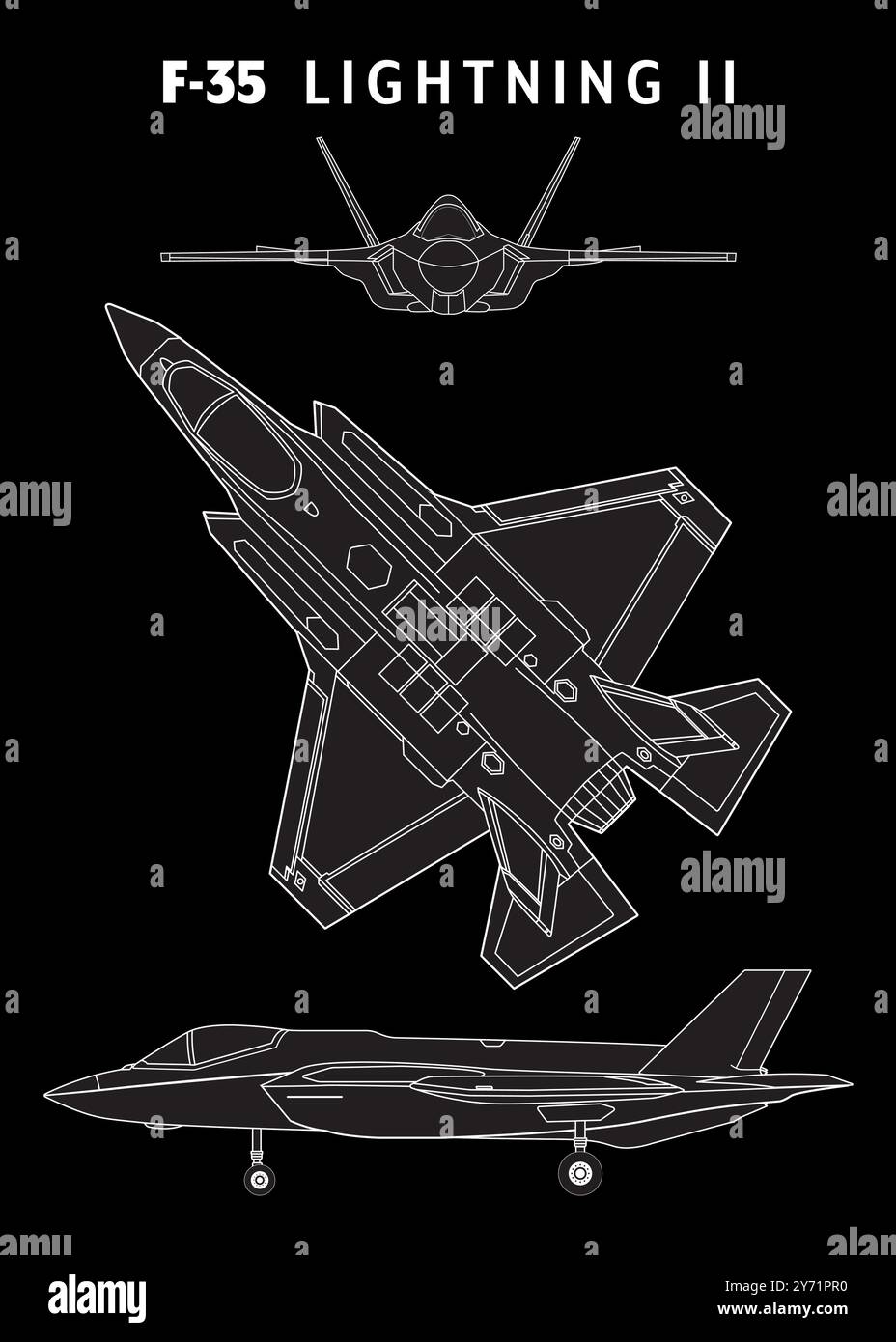Detailed line drawing of an F-35 Lightning II fighter jet. The jet is ...