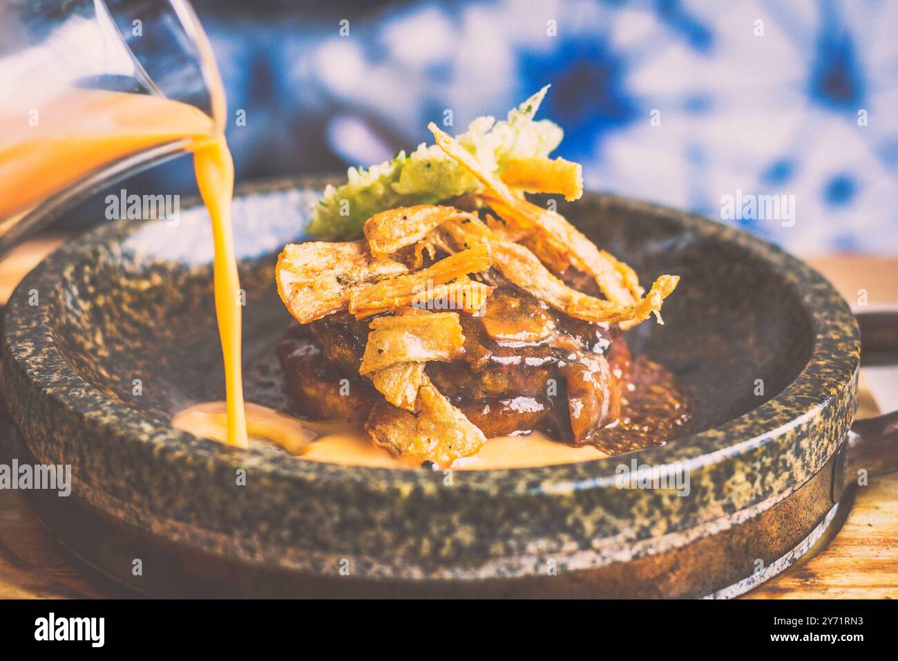 A4 wagyu Hamburg, crispy rice, burdock chips, oba tempura, tamago ...