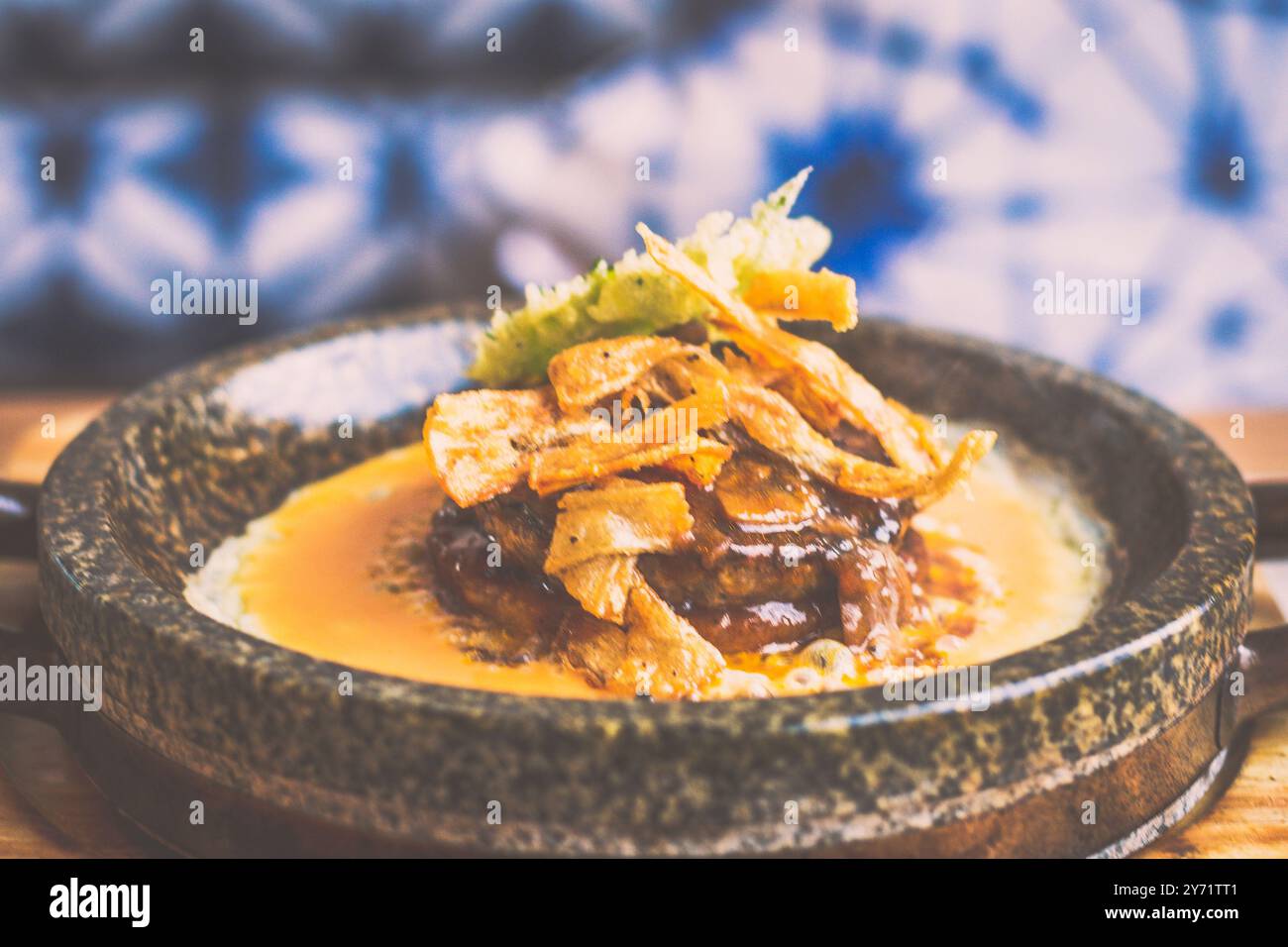 A4 wagyu Hamburg, crispy rice, burdock chips, oba tempura, tamago ...