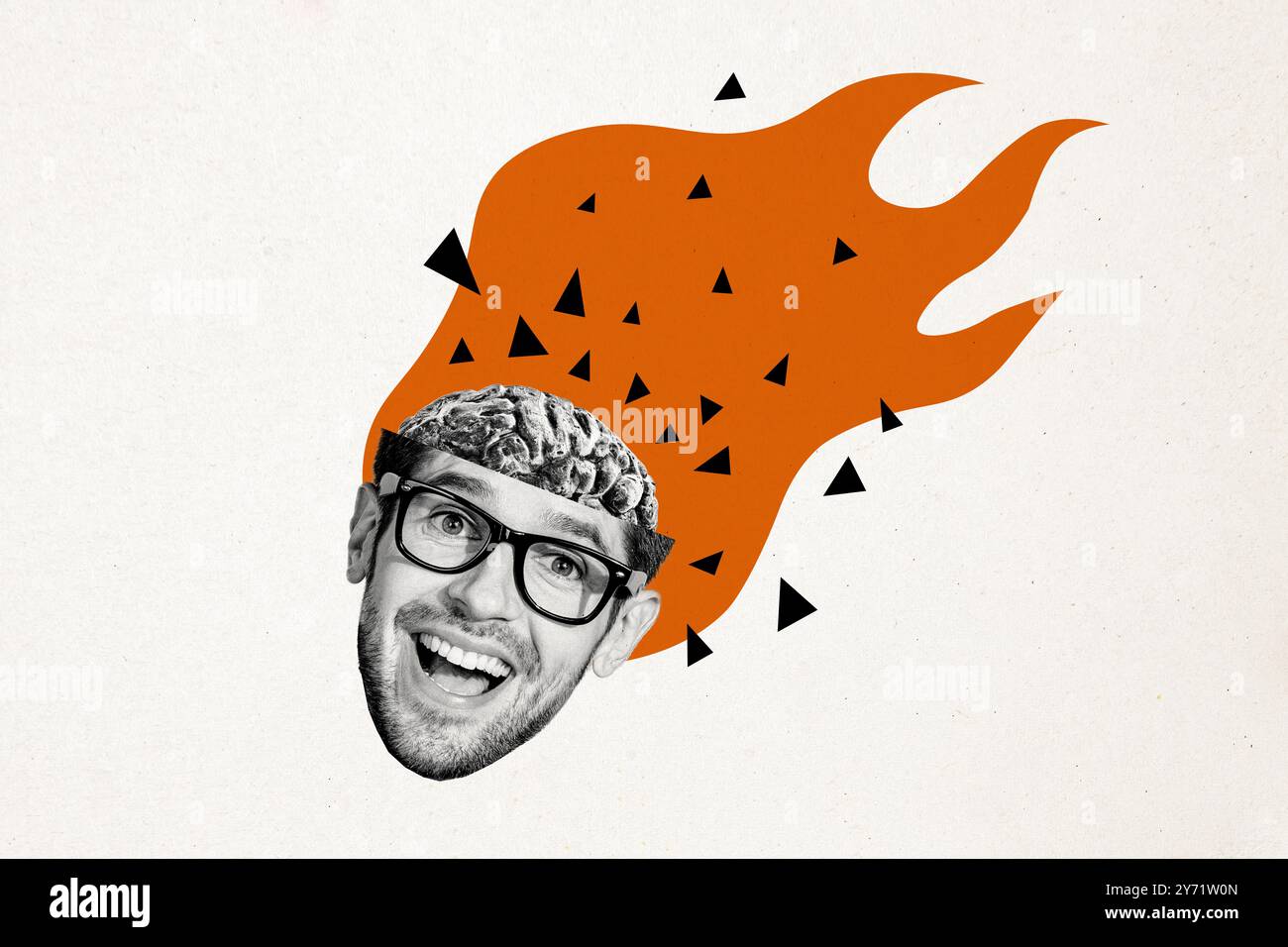 Composite creative art collage of astonished man cut head brain fire ...