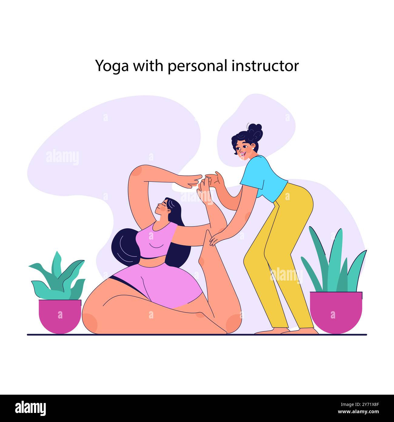 Female in a sportswear doing yoga with a personal instructor. Trainer help female client with ...