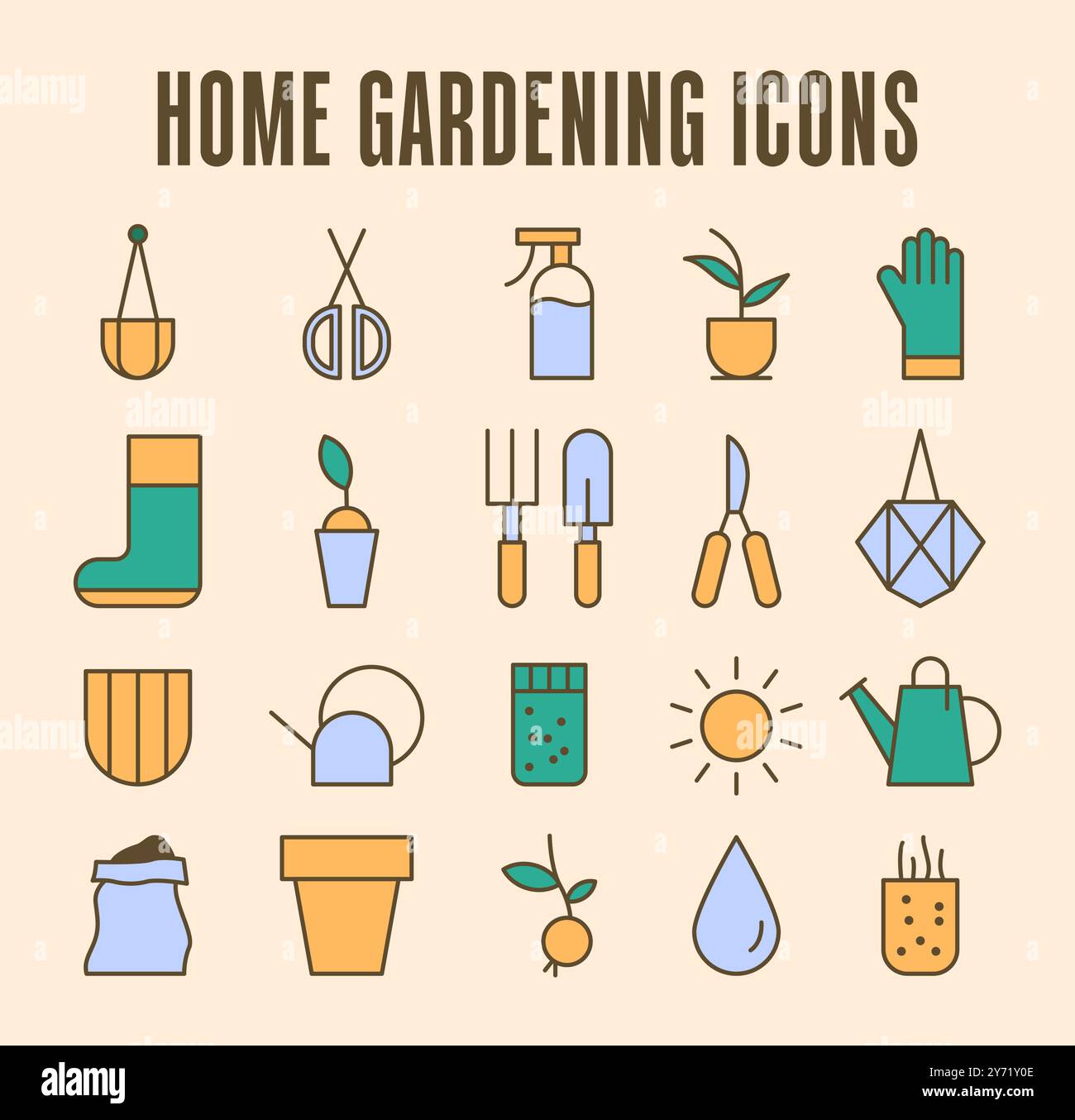 Simple gardening colored icons. Planting equipment, house plant and ...