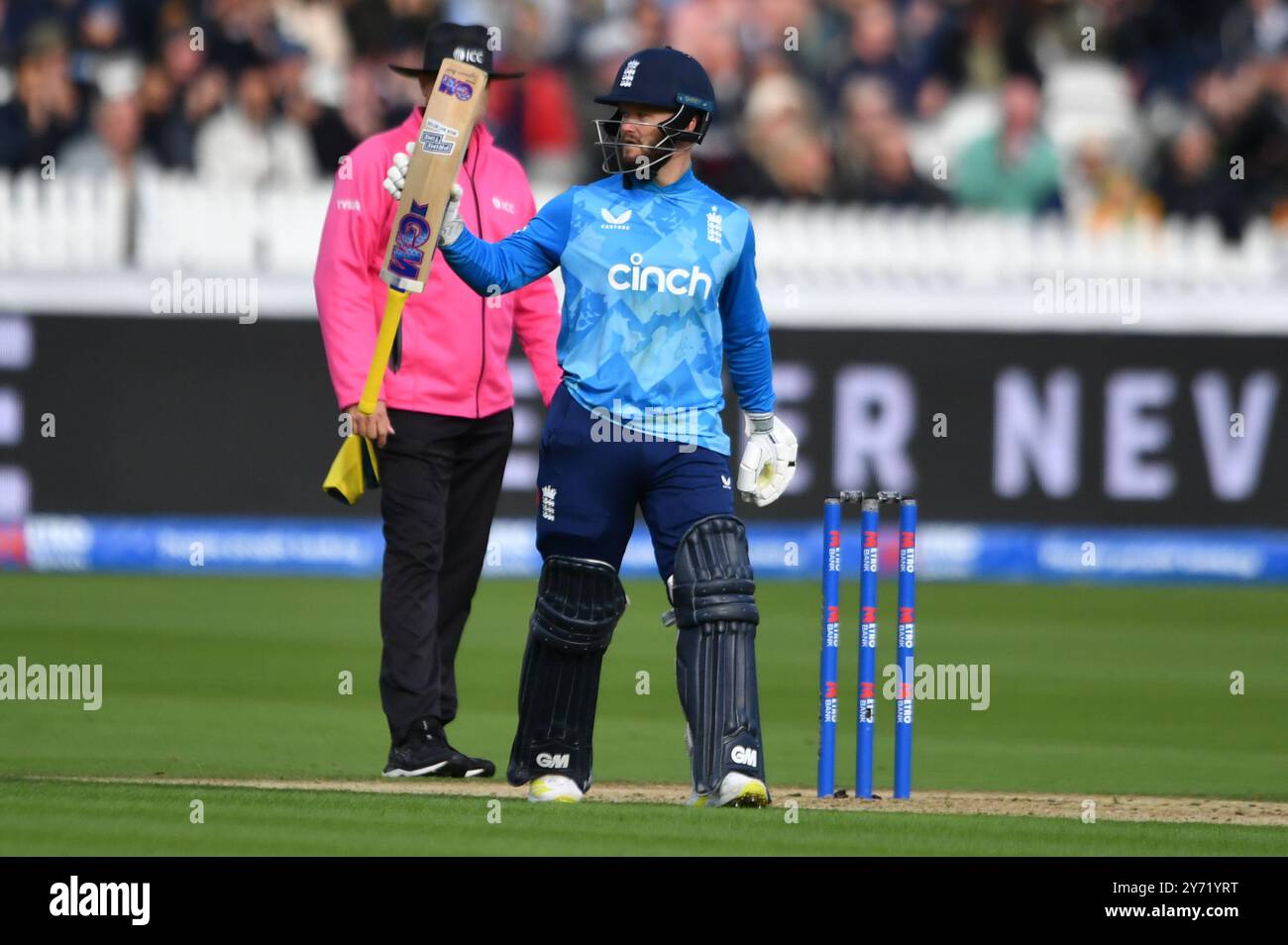 London, England. 27th Sep 2024. Ben Duckett celebrates reaching 50 ...