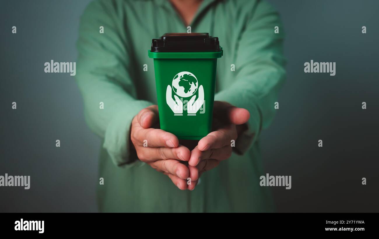 Sustainable living and environmentally friendly habits concept, Man ...