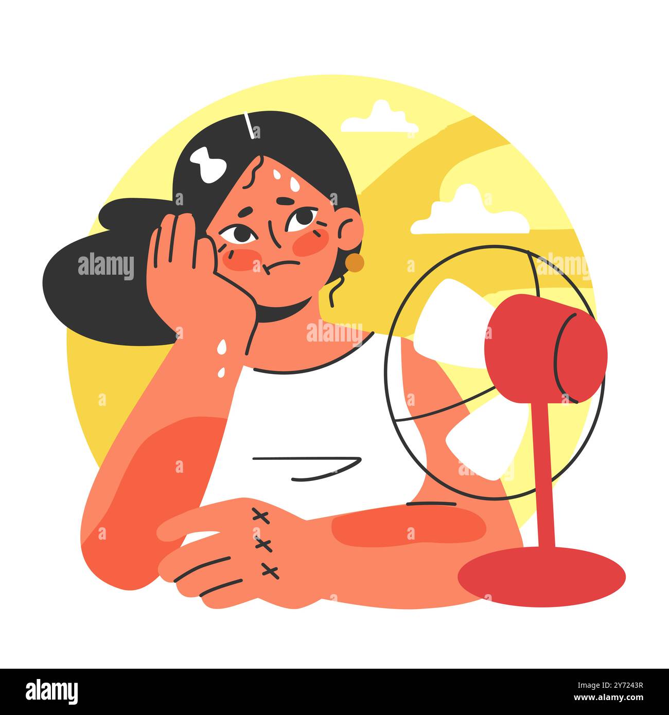 Heat wave. Female character suffering from heat. Global warming and ...