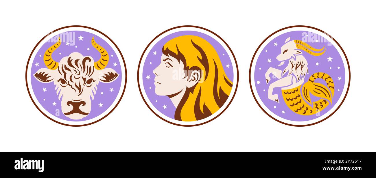 Artistic Illustrations of Zodiac Signs Taurus, Virgo, and Capricorn ...