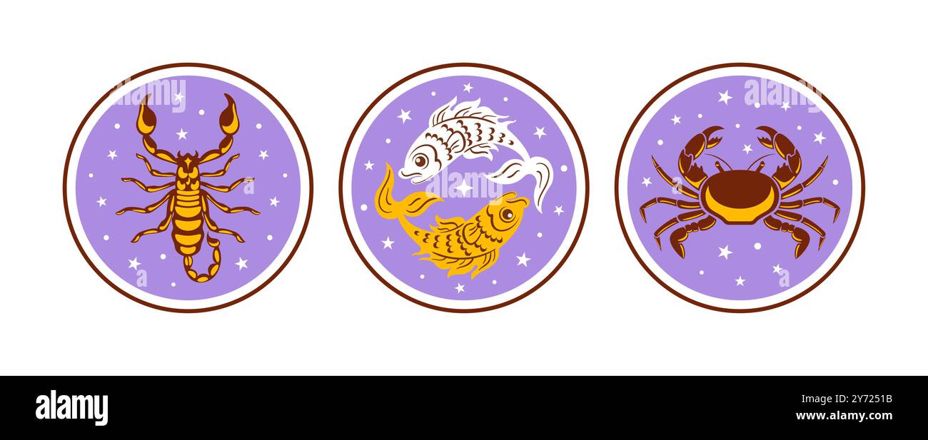 Artistic Illustrations of Zodiac Signs Scorpio, Pisces and Cancer with ...