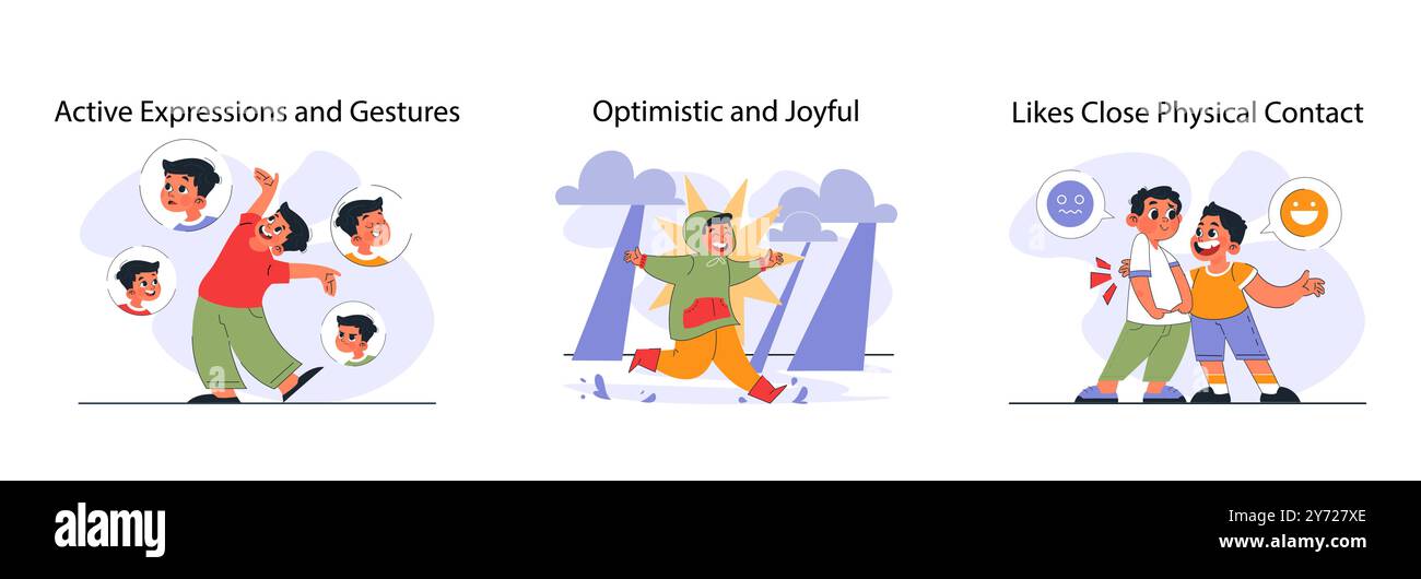 Child with extroverted individuality set. Joyful little kid enjoying ...