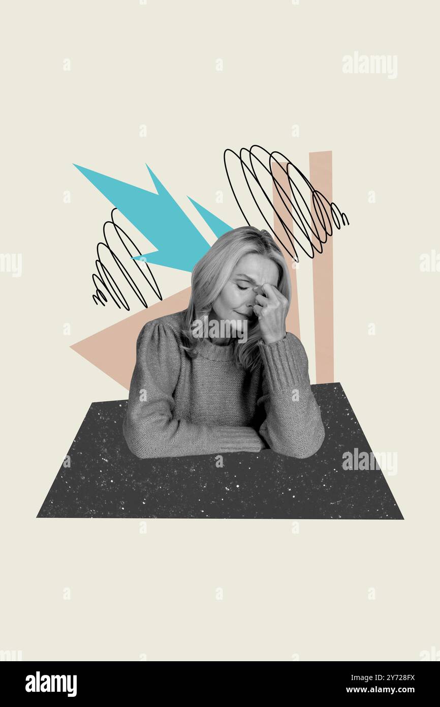 Vertical photo collage of sad old lady hold head ache migraine ...