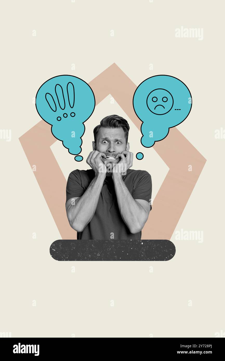 Vertical photo collage of stressed man bite fingers panic fear concept ...