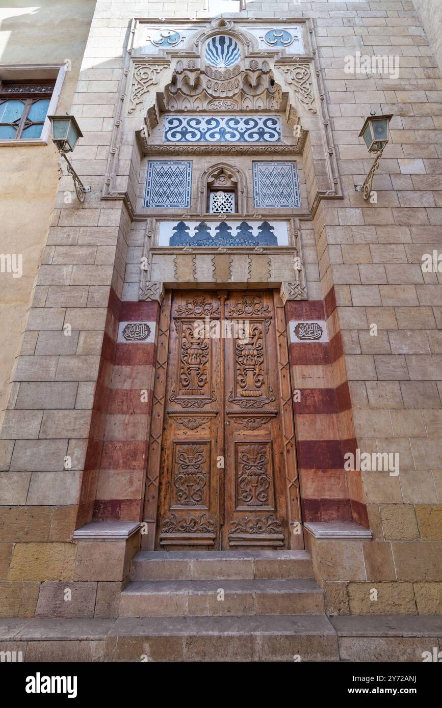Ornately carved doorway and windows on Mamluk style facade at Prince ...