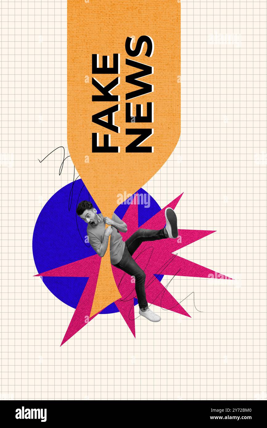 Vertical collage young man falling down fake news propaganda mass media ...