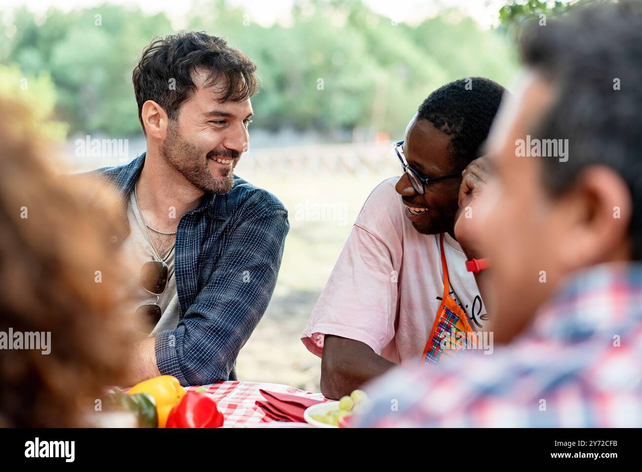 Cheerful diverse group of friends sharing a picnic in a park ...