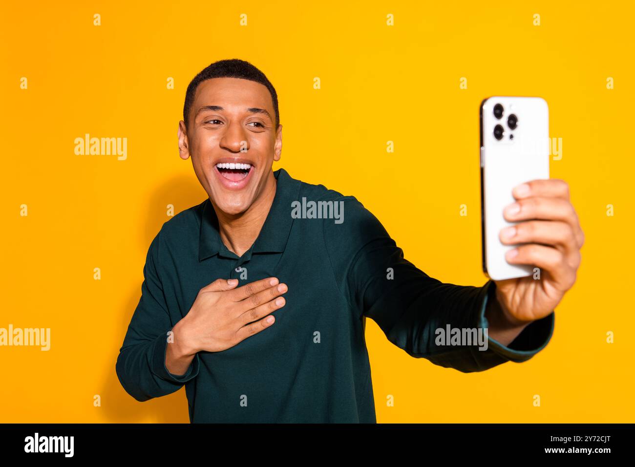 Photo portrait of attractive young man video call laughing dressed ...